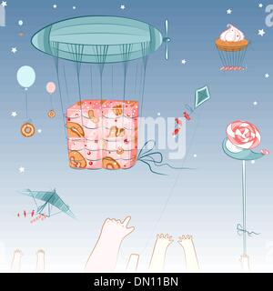 Children flying. Child fly, flight on book, pencil, star and paper ...