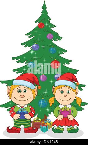 Christmas tree with elves cartoon character illustration Stock Vector ...