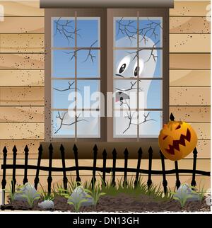 Halloween window with scary, creepy and spooky silhouettes. Vector ...