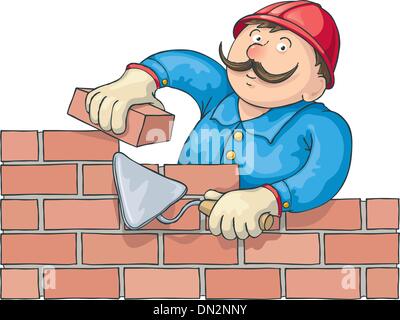 Vector cartoon bricklayer is building a brick wall Stock Vector Art ...