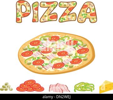 Pizza with tomato and bacon letters on black isolated background ...