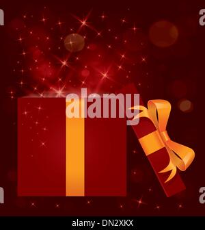 Open gift box and magic light fireworks. Holiday Christmas banner with ...
