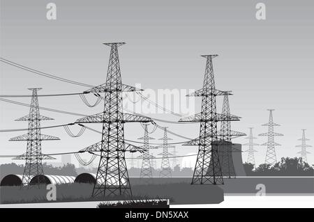 Silhouette of high voltage power lines on white background illustration ...