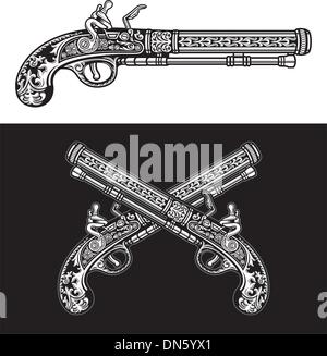 Old gun. Vintage flintlock pistol hand drawn vector illustrations ...
