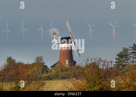 Windmill and Sheringham Shoal wind farm in the North sea at Weybourne ...