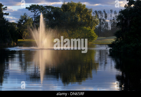 Fountain splashing in still lake Stock Photo - Alamy