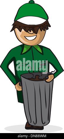 Garbage collector and trash bag with garbage. Cartoon Male worker ...