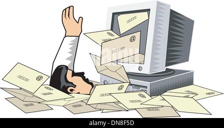 Illustration of man drowning from spam mail envelope coming out from a computer monitor screen ...