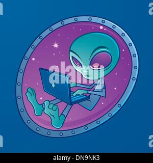 Alien with a laptop computer floating in outer space. Drawn in a ...