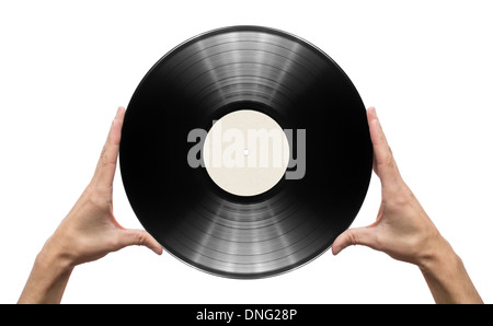 Hands holding an old vinyl record in the air against a blue sky Stock ...
