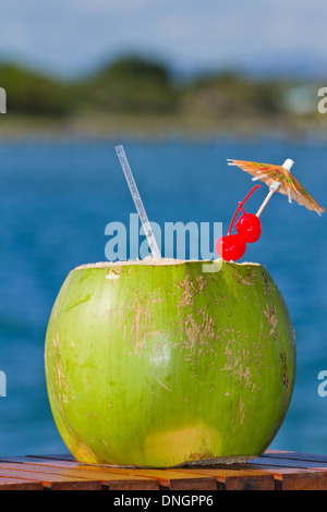 coconut drink served in a green coconut with rum and juices served on ...