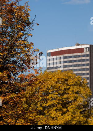 The former Nestle building in central Croydon, framed by trees Stock ...