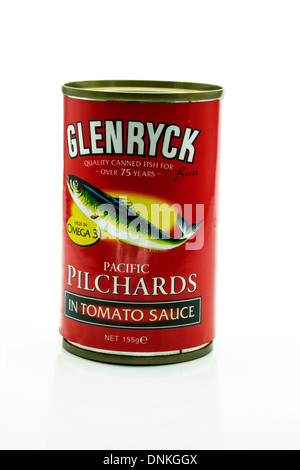 Glenryck pilchards in tomato sauce, sold in a 155g tin. Isolated on ...