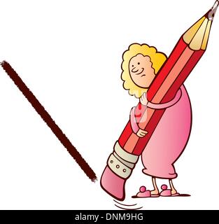 Illustration of Woman erasing line with huge pencil rubber Stock Vector ...