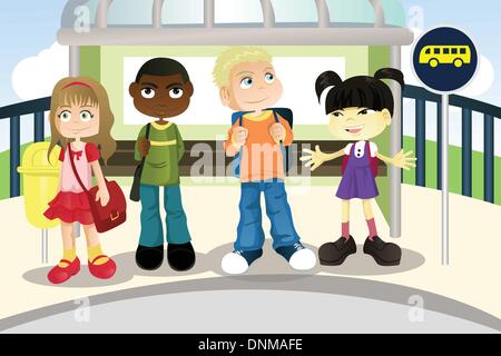 Vector illustration of people waiting for a bus. Standing, talking and ...