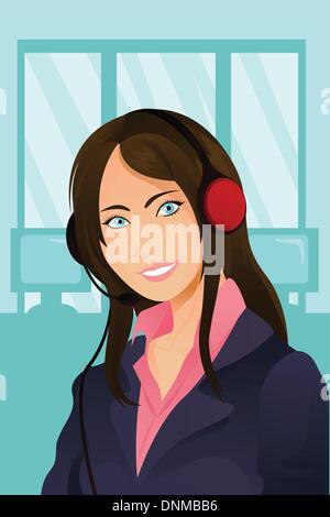 Lady Call Center Illustration With Headphones And Computer Speech ...