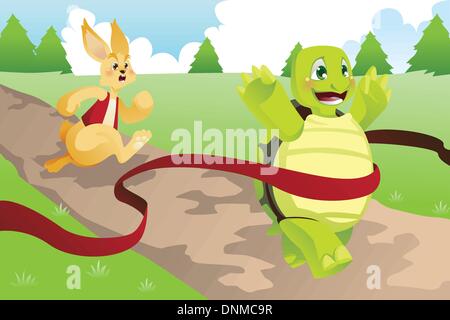 A vector illustration of turtle and hare racing to the finish line ...