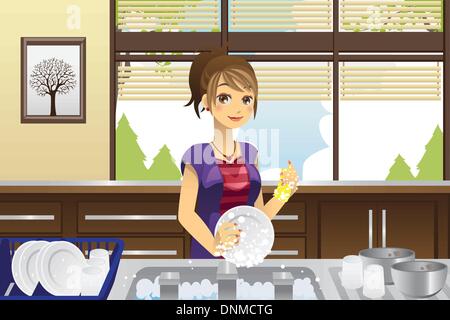 Woman washing dishes in the sink illustration Stock Vector Image & Art ...