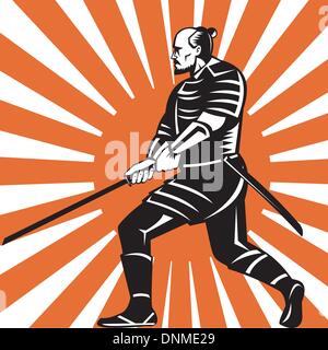 Illustration of a samurai warrior facing front with katana sword set ...