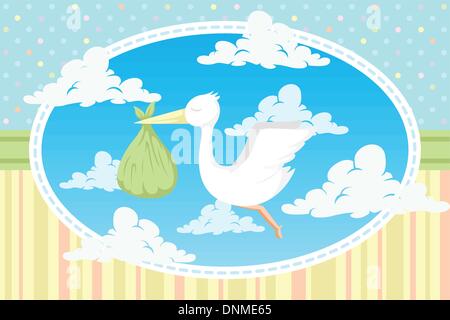 Stork carrying in baby in bundle isolated on white. Vector illustration ...