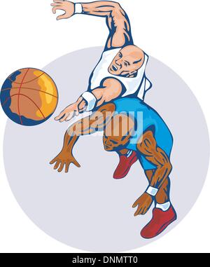 Illustration of basketball players rebounding for ball in retro style ...