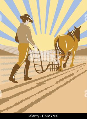 A man plowing a field with a horse and plow, vintage line drawing or ...