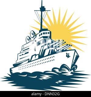 Illustration of a warship battleship boat ship with big guns viewed ...