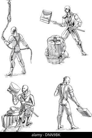 Old-Time Executioner Sketches. Set of black and white vector ...
