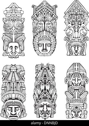 Abstract mesoamerican aztec totem poles. Set of black and white vector ...