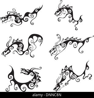 Stylistic dragon tattoos. Set of black and white vector illustrations ...