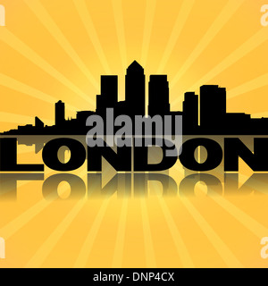 London Docklands skyline and text reflected with rippled British flag ...