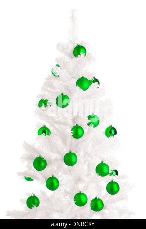 Decorated Christmas tree with green balls isolated over whtie ...