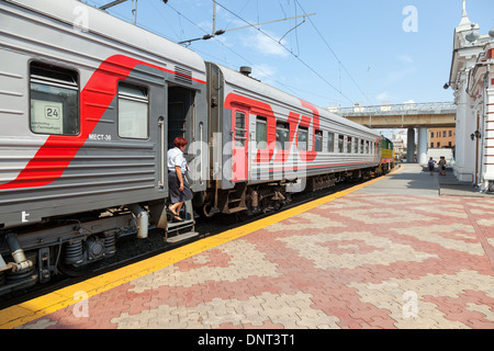 Train of the Russian Railways company (RZhD) stands at the railway ...