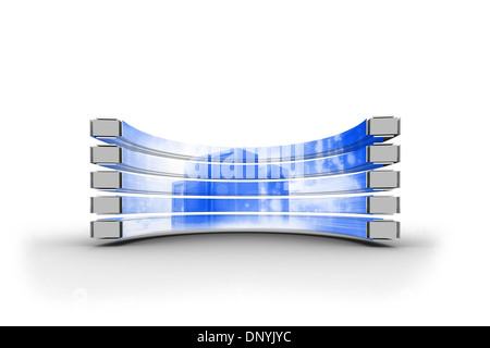 Server tower on abstract screen against steps leading to open door in ...