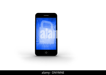 Blue lock on smartphone screen against city scene in a room Stock Photo ...