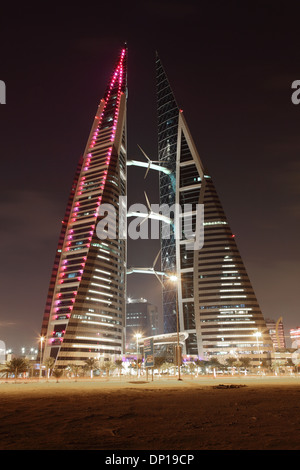 Bahrain World Trade Center Skyscraper at night. Manama, Middle East ...