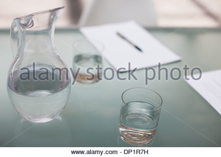 Meeting room, table, glasses, water Bottle, laptop, monochrome Stock ...