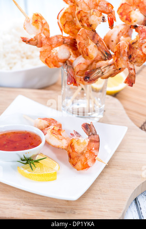 Party Food (Prawn Skewers) with Sweet Chilli Sauce Stock Photo - Alamy