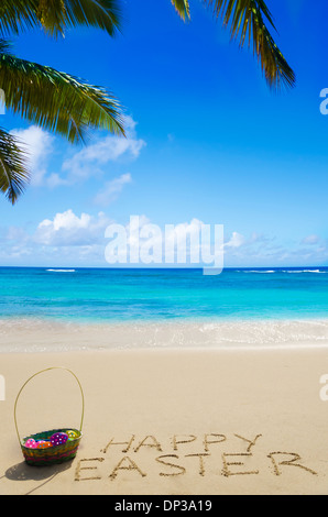Easter on beach background. Eggs on the sandy by the ocean. Vacation ...