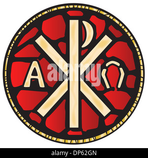 An alpha omega symbol glass window over a black background Stock Photo ...