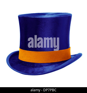 Blue top hat with gold band, isolated against white background. With ...
