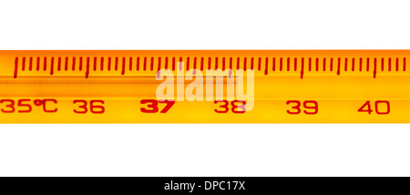 Mercury thermometer with temperatures exceeding 38 degrees celsius ...