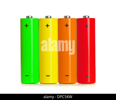 Different alkaline batteries on green background Stock Photo - Alamy