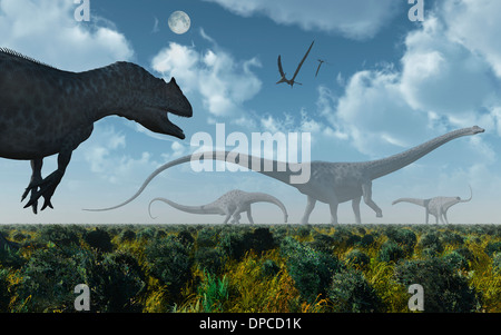 An Allosaurus Stalking A Herd Of Diplodocus Stock Photo - Alamy