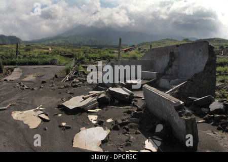 Damage to village from Pyroclastic flow of Mt Merapi eruption smoking ...