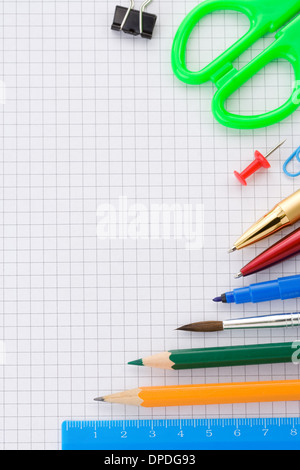 Blank note paper with pencil and paintbrush on wooden background Stock ...
