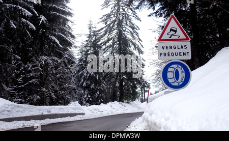 French road sign for snow chains and beware of black ice Stock Photo ...