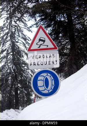 French road sign for snow chains and beware of black ice Stock Photo ...