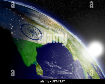 Sunrise over Indian subcontinent with indian flag viewed from space ...