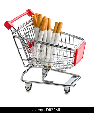 Cigarettes in shopping cart on wooden table on dark background Stock ...